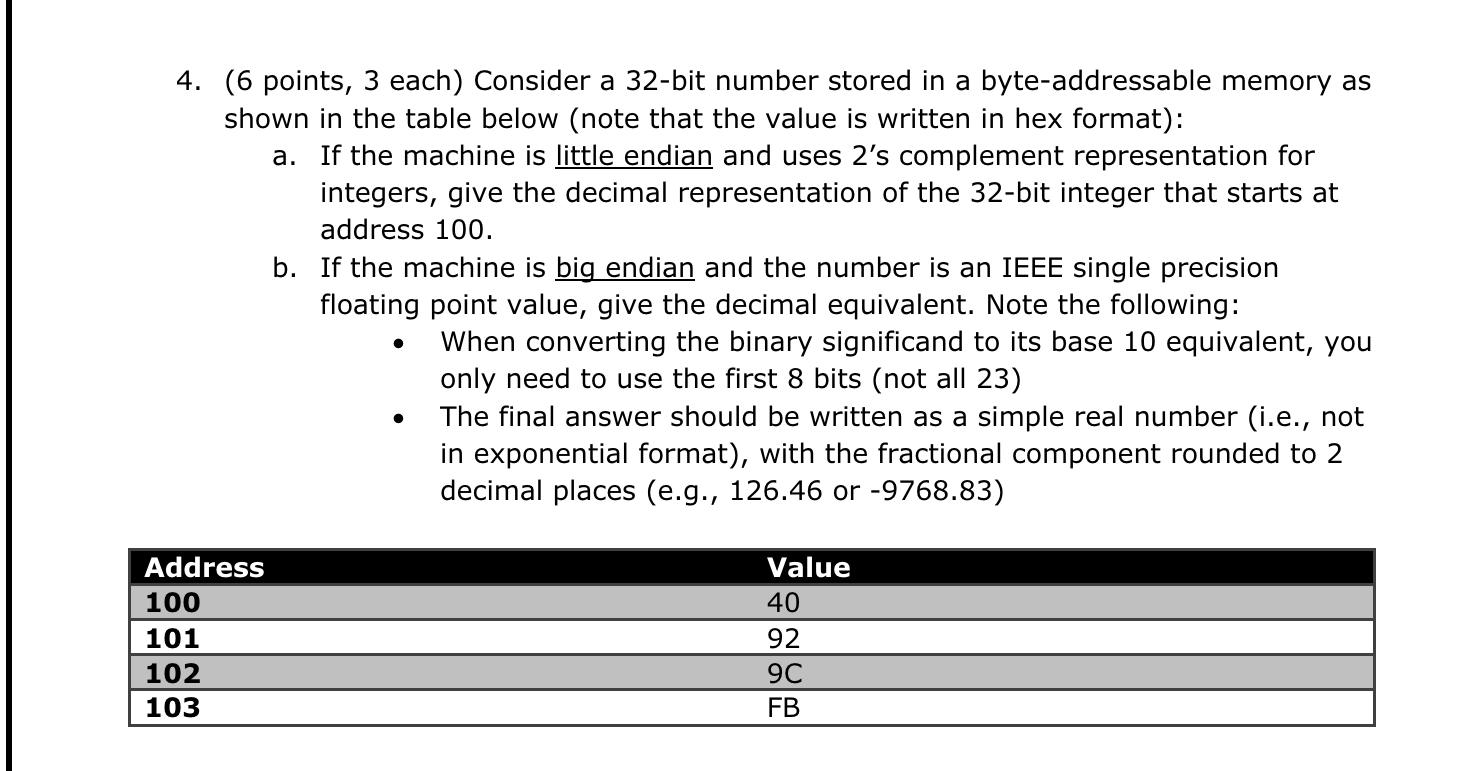 Solved (6 ﻿points, 3 ﻿each) ﻿Consider a 32-bit number stored | Chegg.com