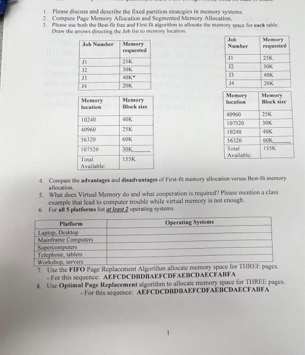 1. Please discuss and describe the fixed partition | Chegg.com