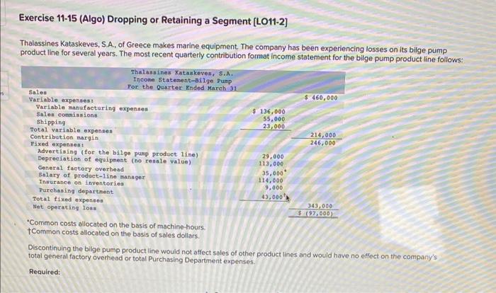 Solved Exercise 11-15 (Algo) Dropping or Retaining a Segment | Chegg.com