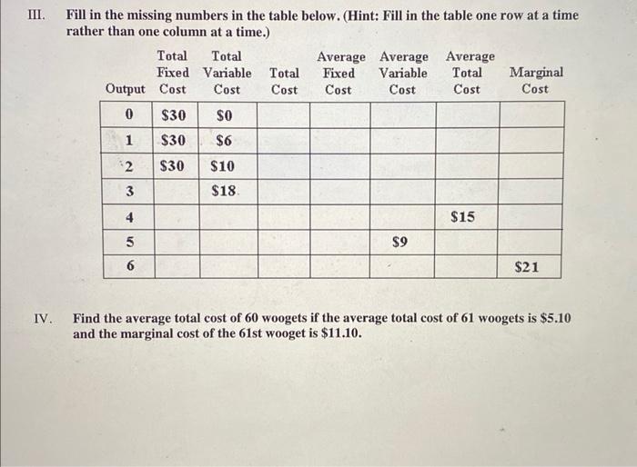 Solved III. Fill in the missing numbers in the table below. | Chegg.com