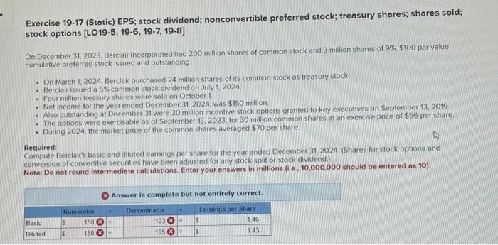 Solved Exercise 19-17 (Static) EPS; stock dividend; | Chegg.com
