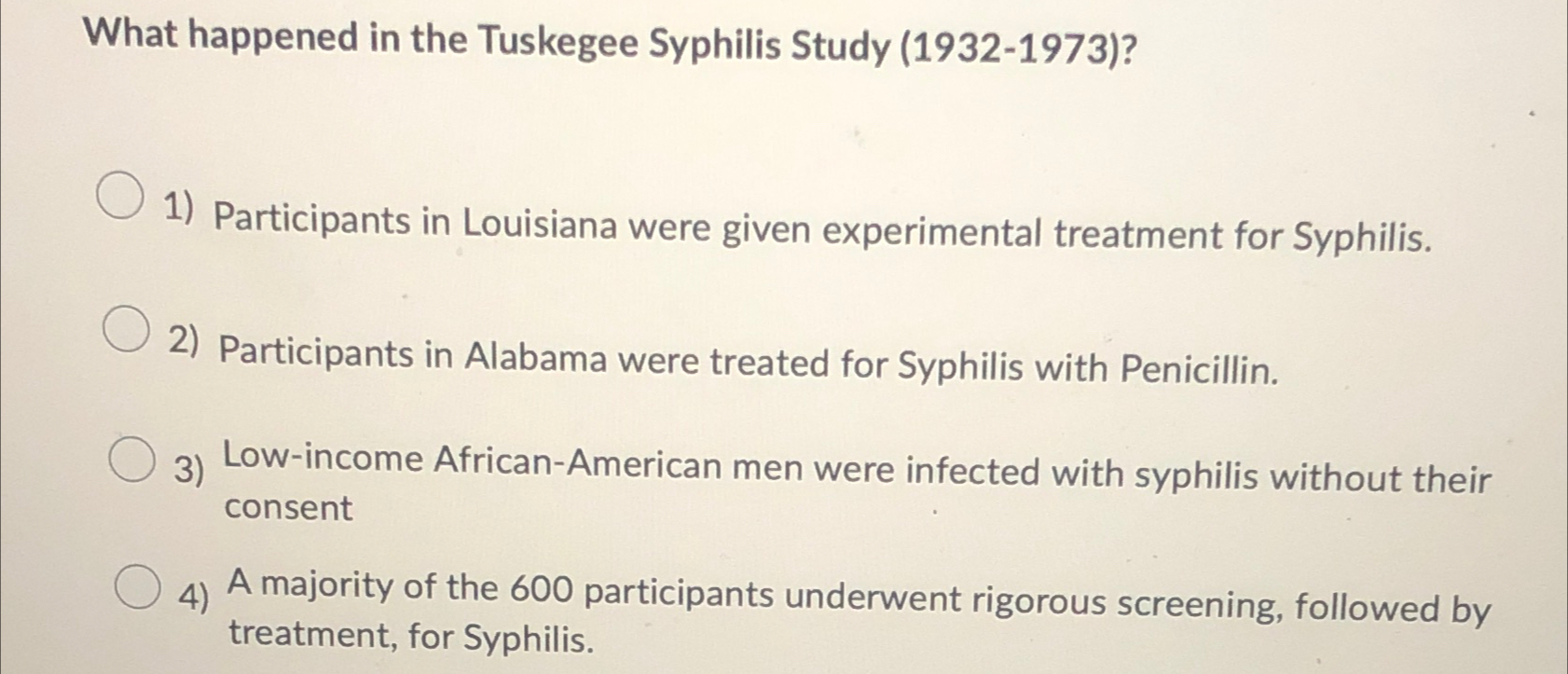 Solved What happened in the Tuskegee Syphilis Study | Chegg.com
