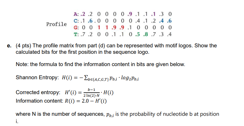 Solved e. (4 ﻿pts) ﻿The profile matrix from part (d) ﻿can be | Chegg.com