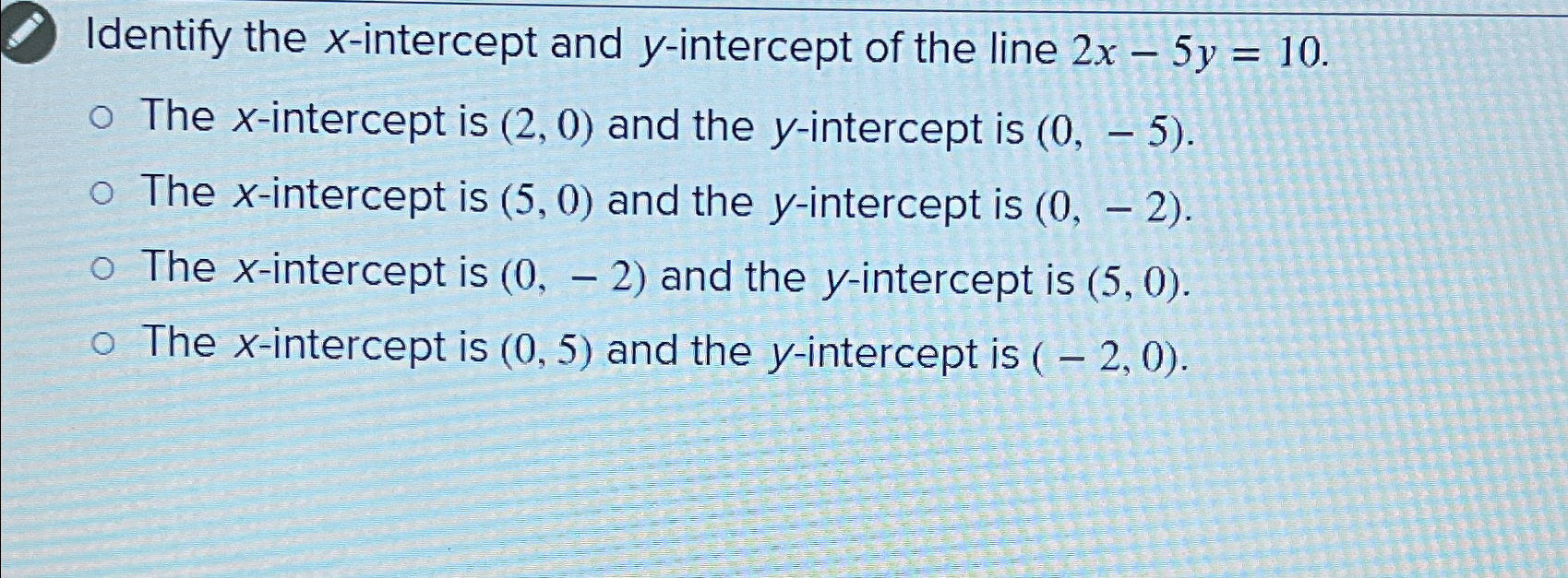 Solved Identify the x-intercept and y-intercept of the line | Chegg.com