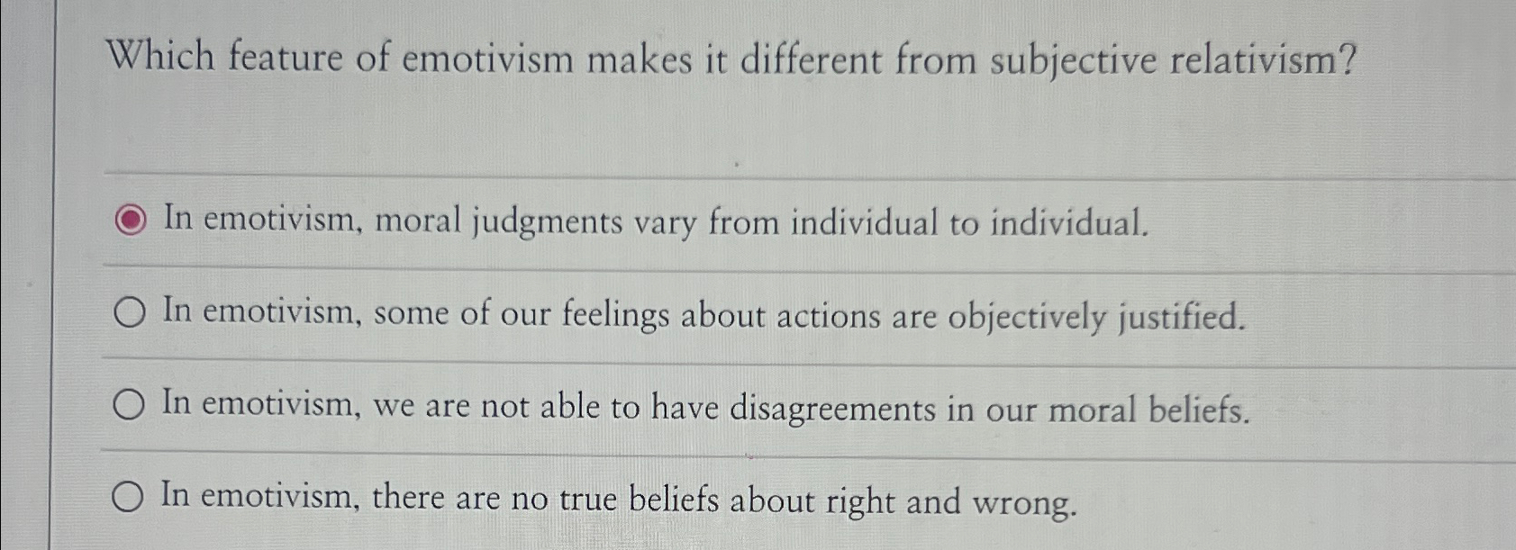 Solved Which feature of emotivism makes it different from | Chegg.com