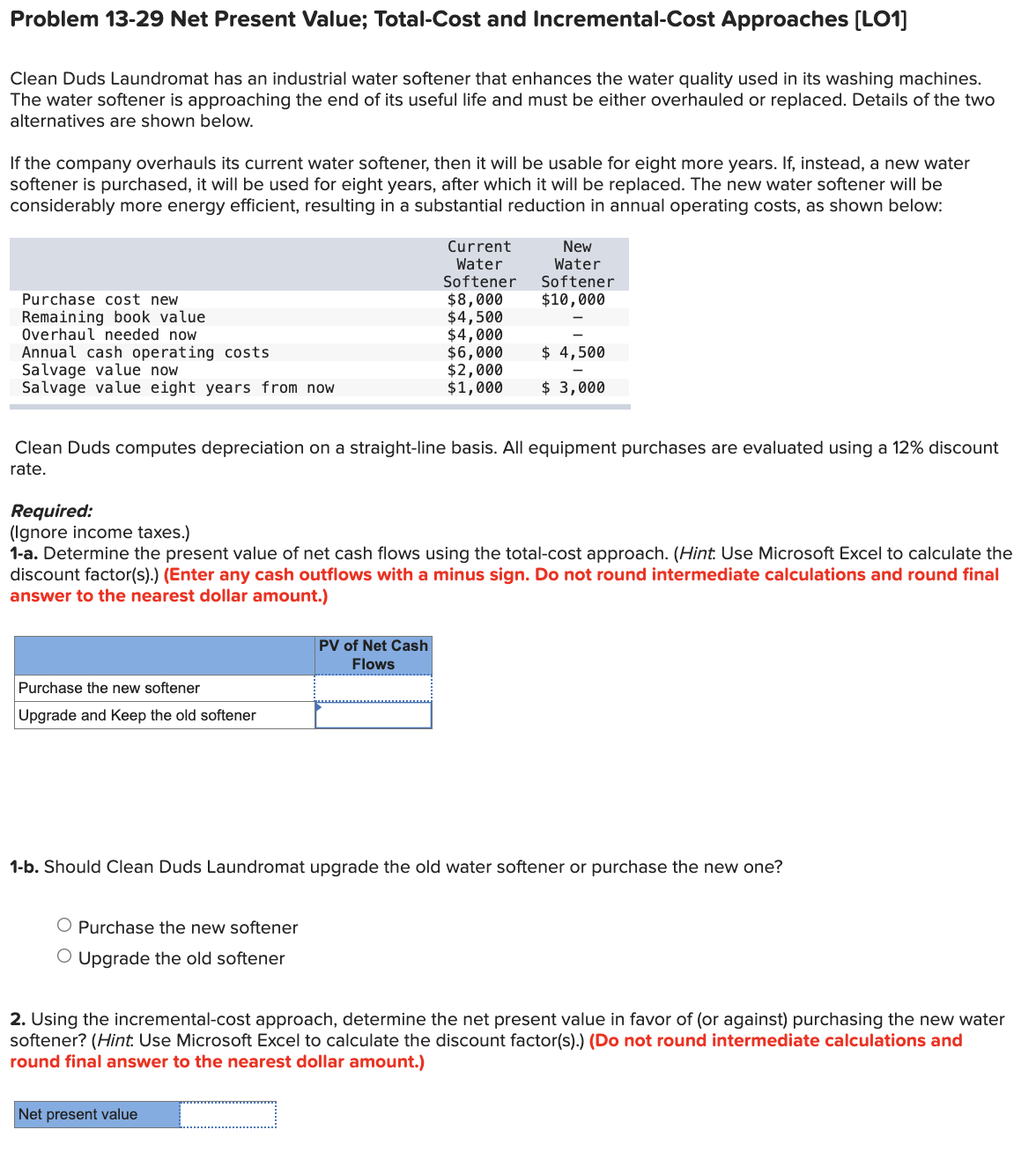 Solved Problem 13-29 ﻿Net Present Value; Total-Cost and | Chegg.com