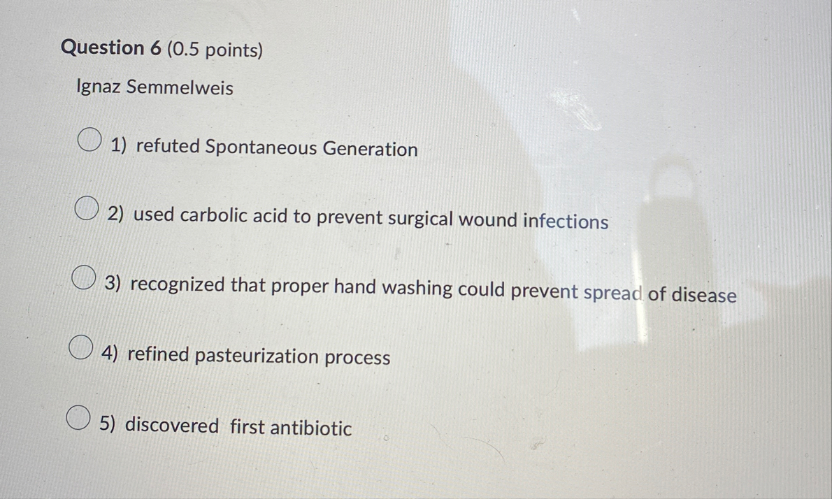 Solved Question 6 ( 0.5 ﻿points)Ignaz Semmelweisrefuted | Chegg.com