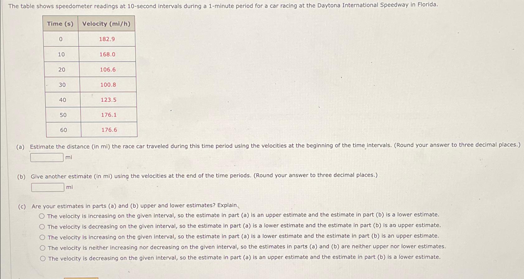 Solved The table shows speedometer readings at 10-second | Chegg.com