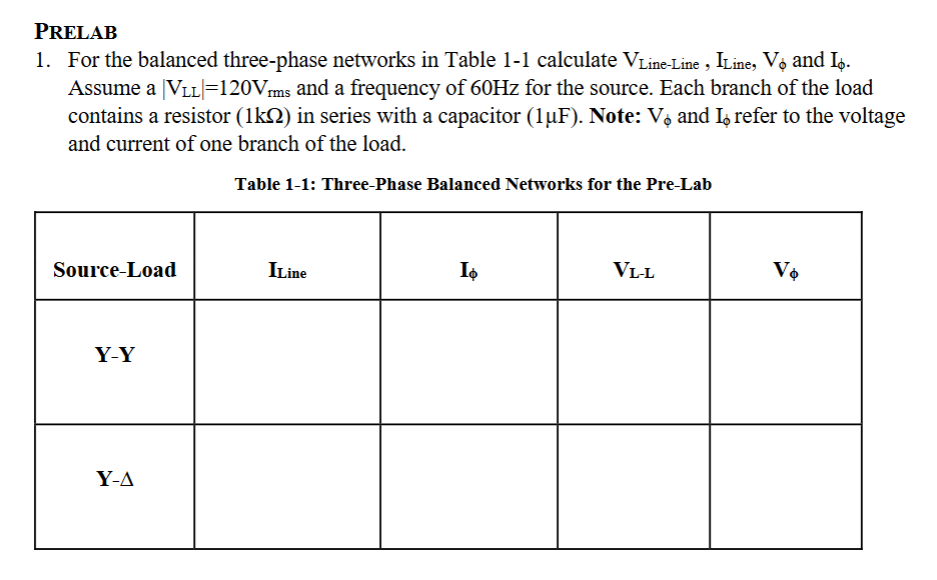 Solved PrelabFor the balanced three-phase networks in ﻿Table | Chegg.com