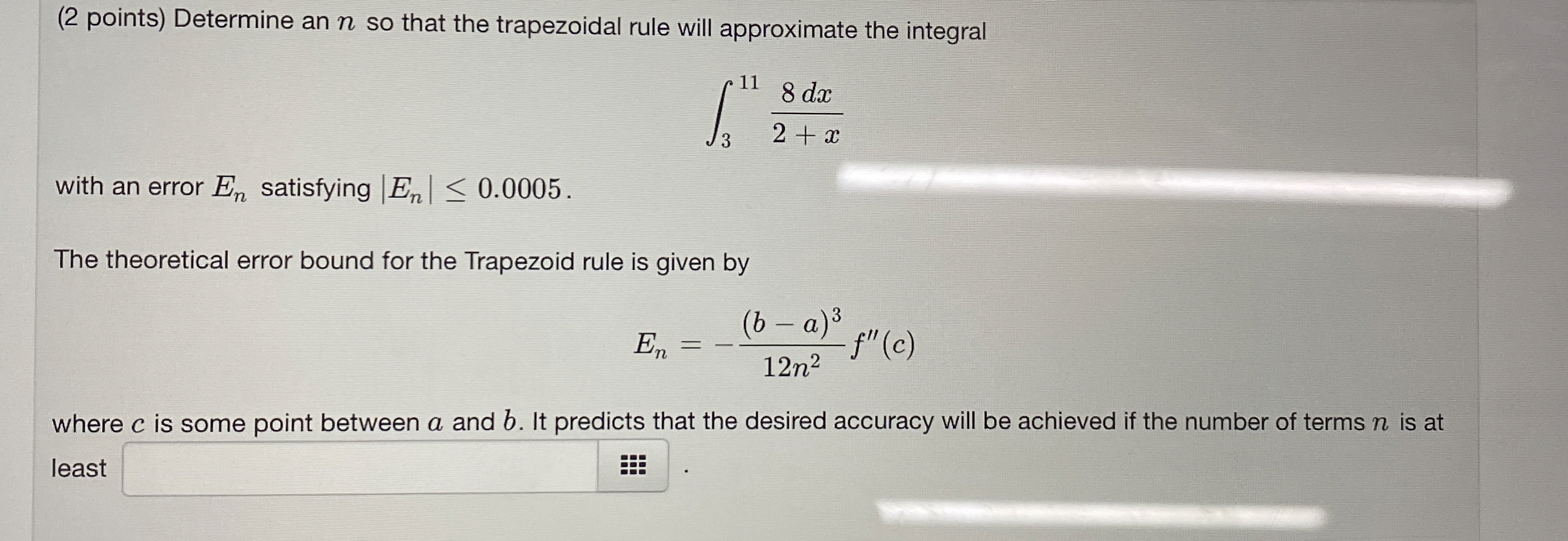 Solved (2 ﻿points) ﻿Determine an n ﻿so that the trapezoidal | Chegg.com