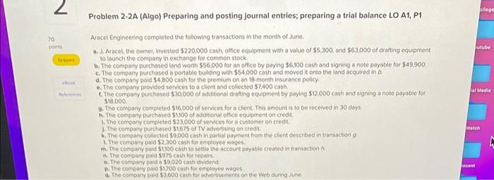 Solved Problem 2-2A (Algo) Preparing and posting journal | Chegg.com