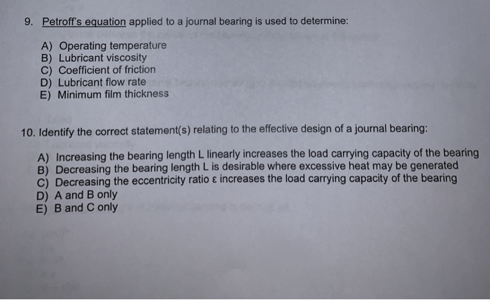 Solved 9. Petroff's equation applied to a journal bearing is | Chegg.com