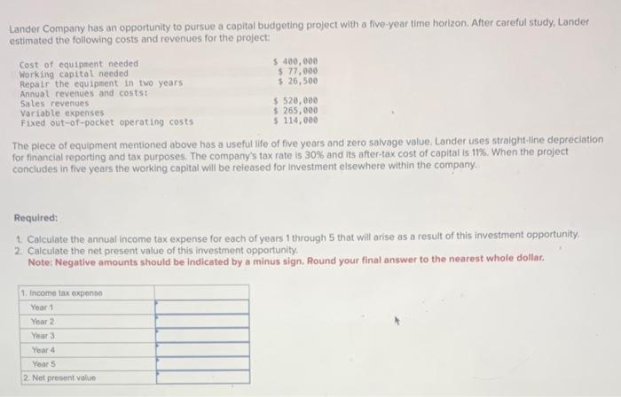 Solved Lander Company has an opportunity to pursue a capital | Chegg.com
