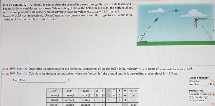 Solved (7\%) Problem 12: A football is punted from the | Chegg.com