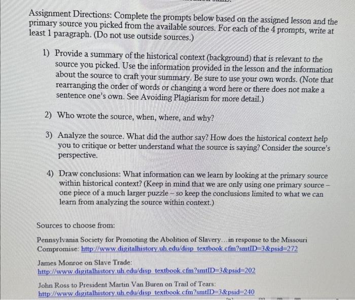 Assignment Directions: Complete the prompts below | Chegg.com