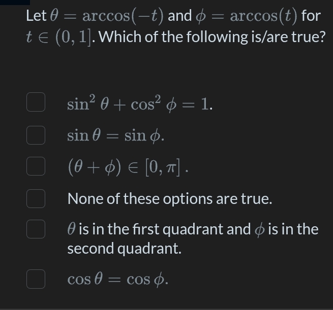 Solved Let θ=arccos(-t) ﻿and φ=arccos(t) ﻿for tin(0,1]. | Chegg.com
