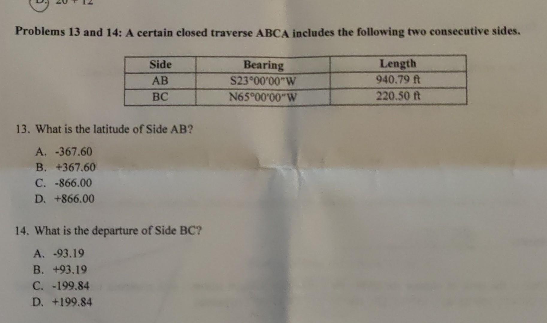 Solved Problems 13 and 14: A certain closed traverse ABCA | Chegg.com