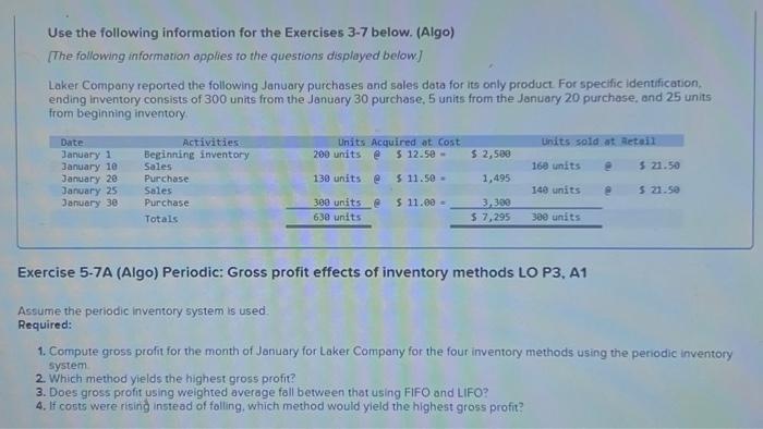 Solved Use the following information for the Exercises 3-7 | Chegg.com