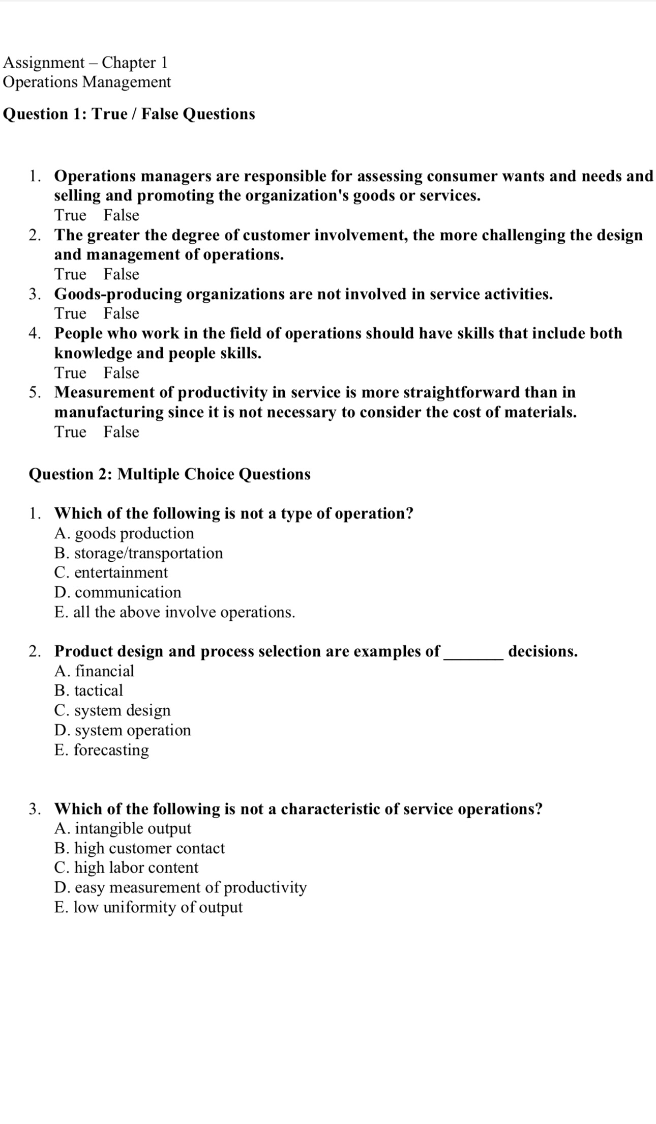 Solved Assignment - ﻿Chapter 1Operations ManagementQuestion | Chegg.com