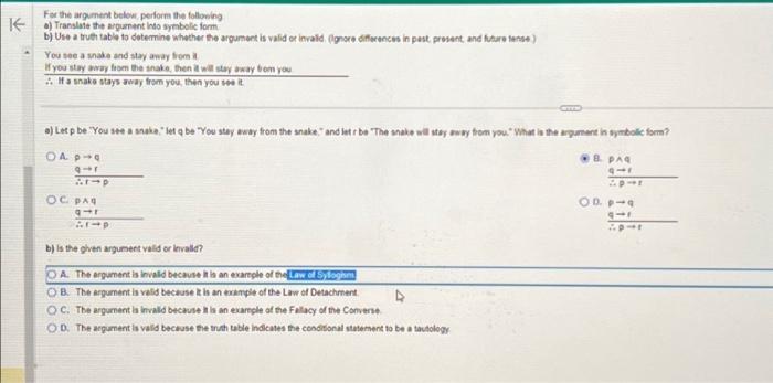 Solved For the argument below, perform the following a) | Chegg.com