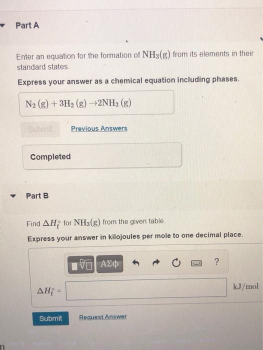 Solved Part A Enter an equation for the formation of NH3(g) | Chegg.com