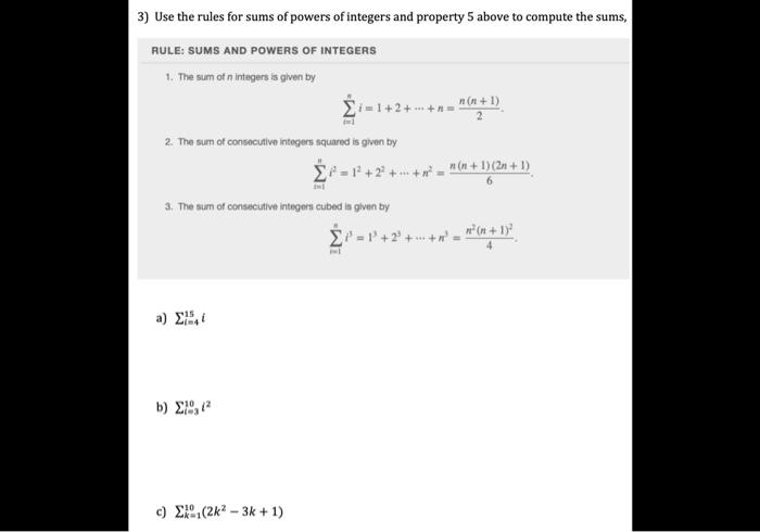 Solved 3) Use the rules for sums of powers of integers and | Chegg.com