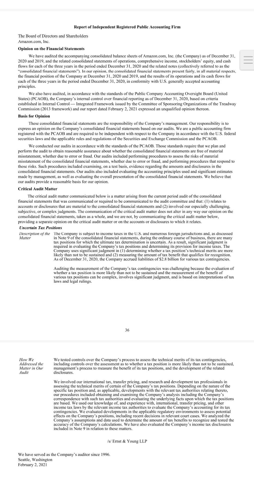 2 0 2 0 amazon ANNUAL REPORT Report of Independent | Chegg.com