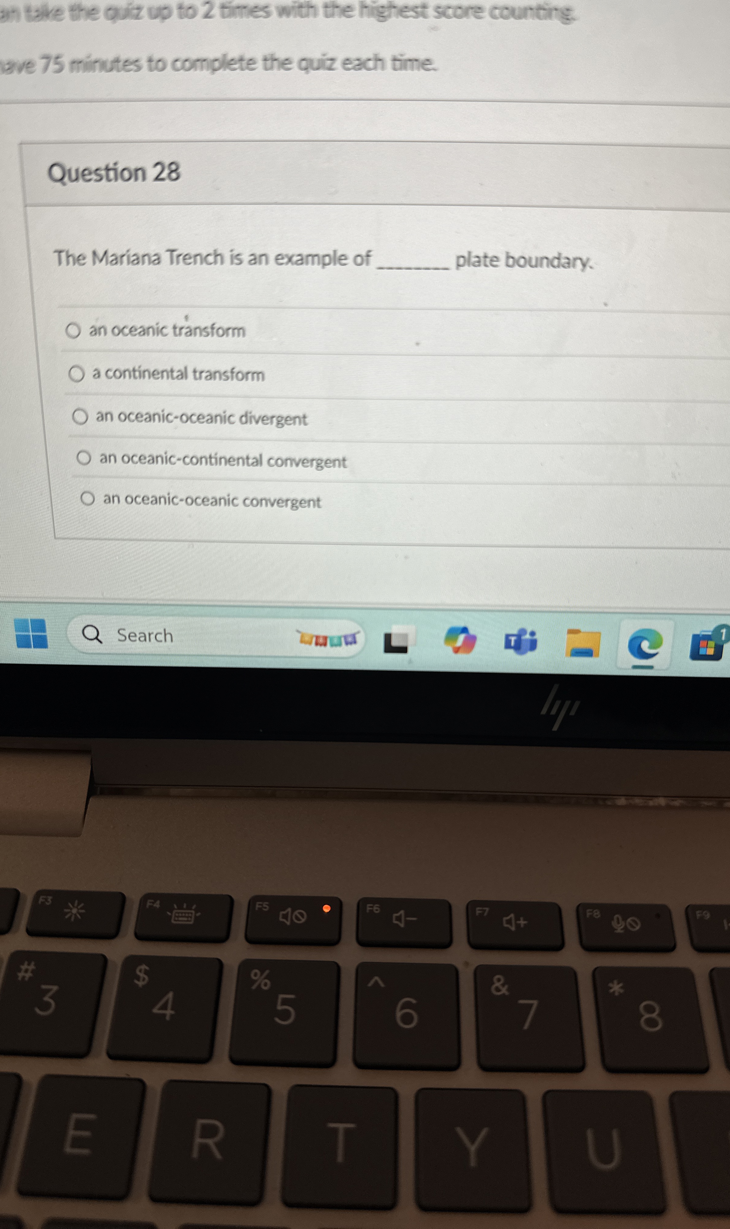 Question 28The Mariana Trench is an example ofplate | Chegg.com