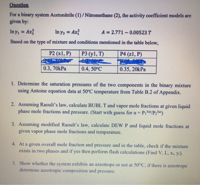 Question For a binary system Acetonitrile (1) / | Chegg.com
