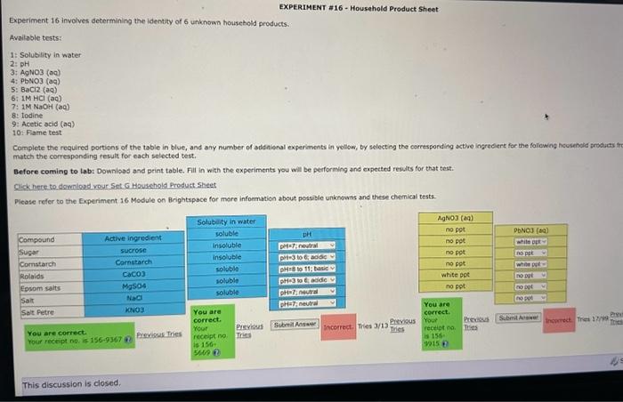 Solved EXPERIMENT \#16 - Household Product Sheet Experiment | Chegg.com
