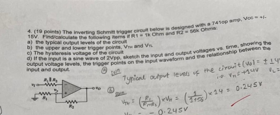 Solved 4. (19 points) The inverting Schmitt trigger circuit | Chegg.com