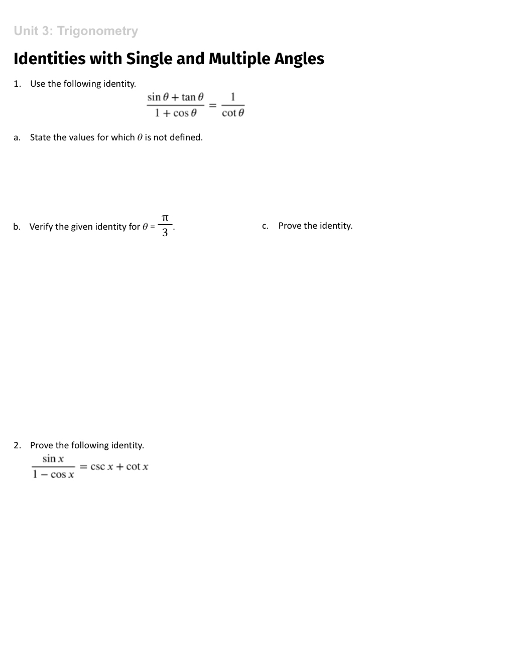 Solved Unit 3: TrigonometryIdentities with Single and | Chegg.com