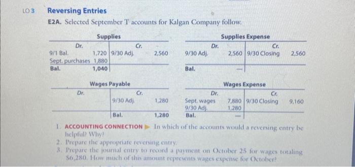Solved LO 3 Reversing Entries E2A. Selected September T | Chegg.com