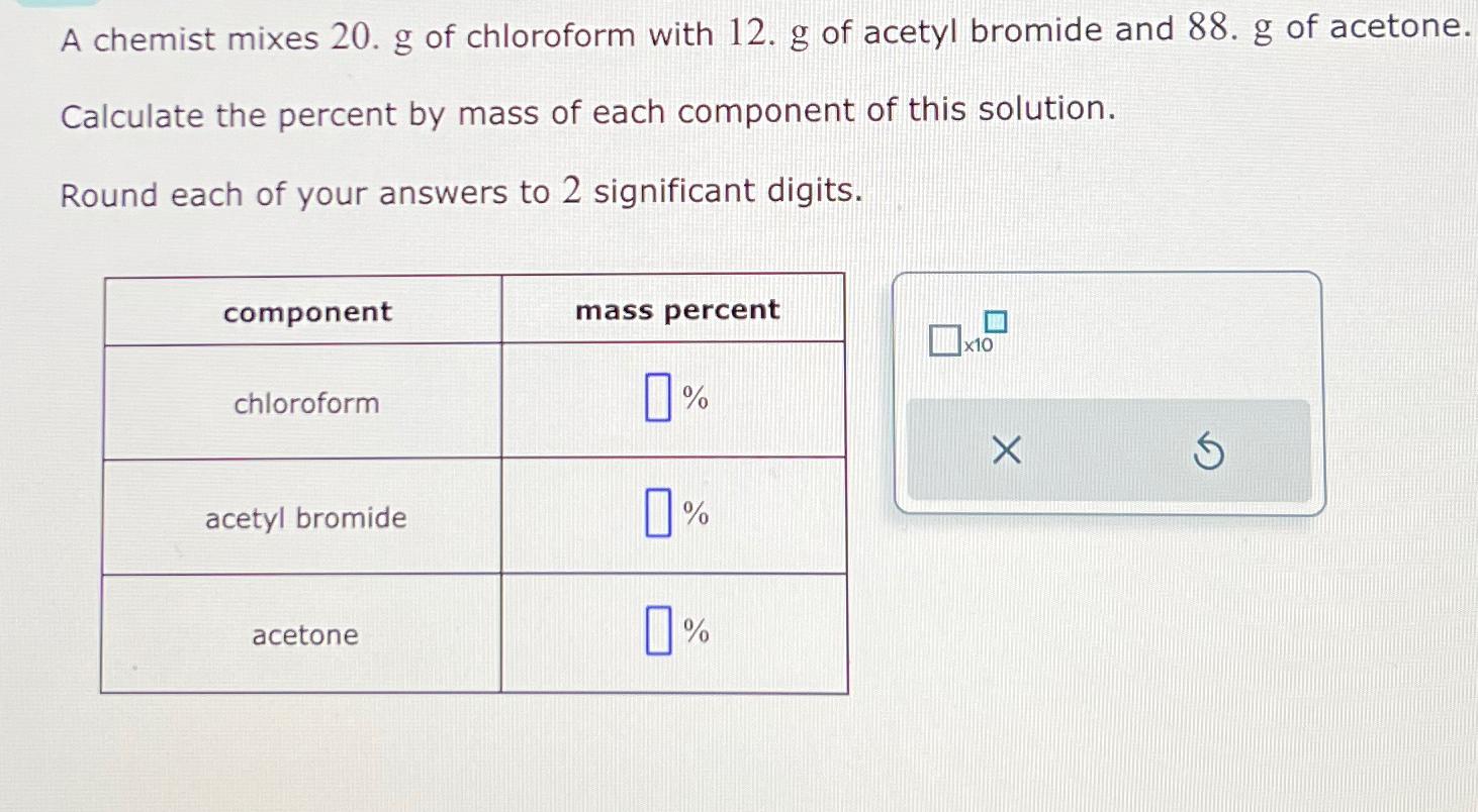 Solved A chemist mixes 20.g ﻿of chloroform with 12.g ﻿of | Chegg.com