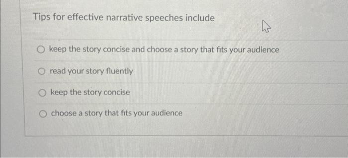 Tips for effective narrative speeches include keep | Chegg.com