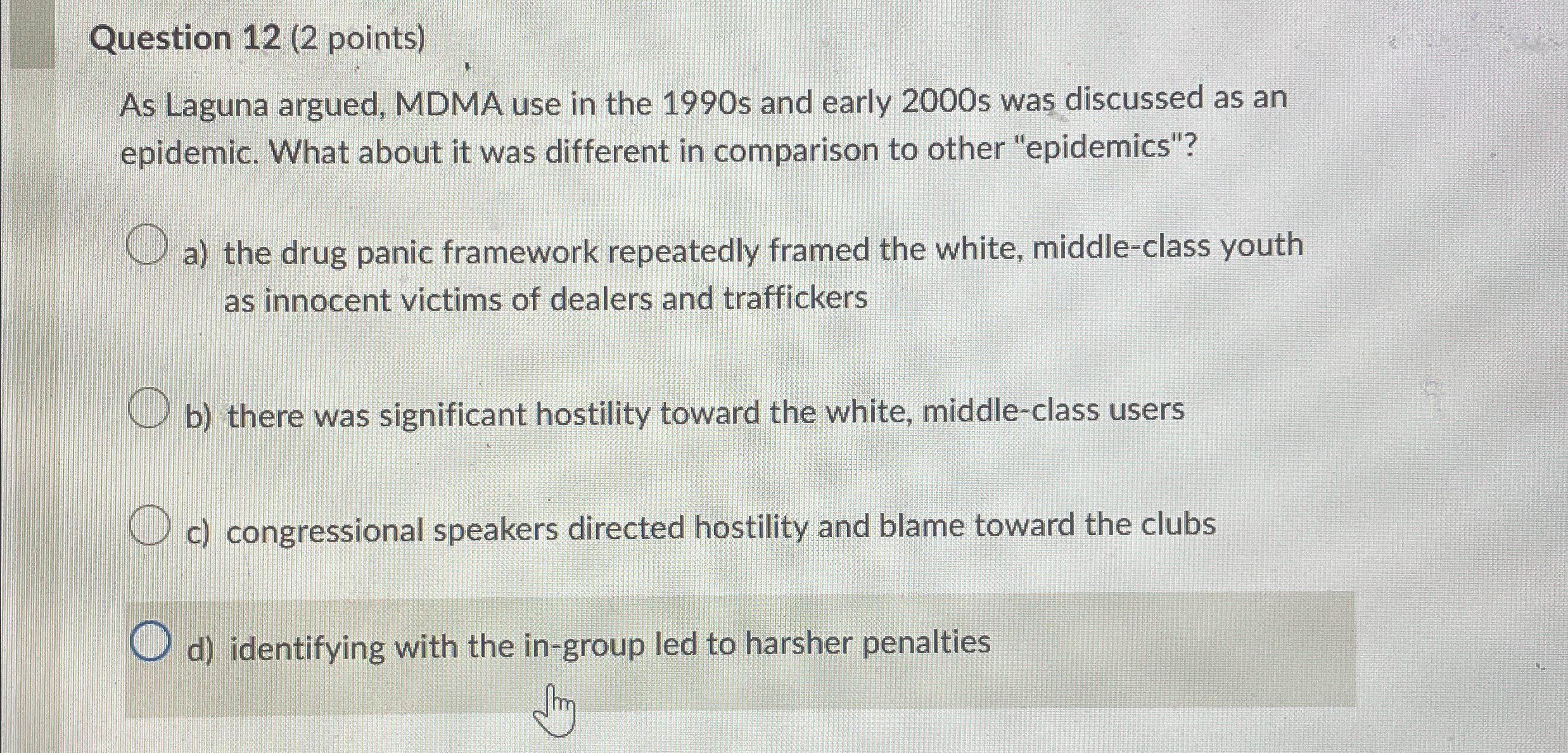 Solved Question 12 (2 points)As Laguna argued, MDMA use in | Chegg.com Solved Question 12 (2 points)As Laguna argued, MDMA use in | Chegg.com