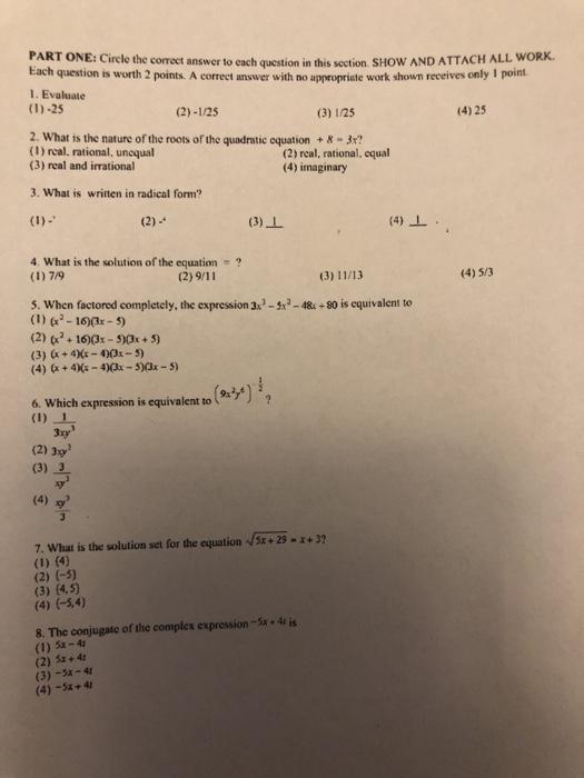 Solved PART ONE: Circle the correct answer to each question | Chegg.com