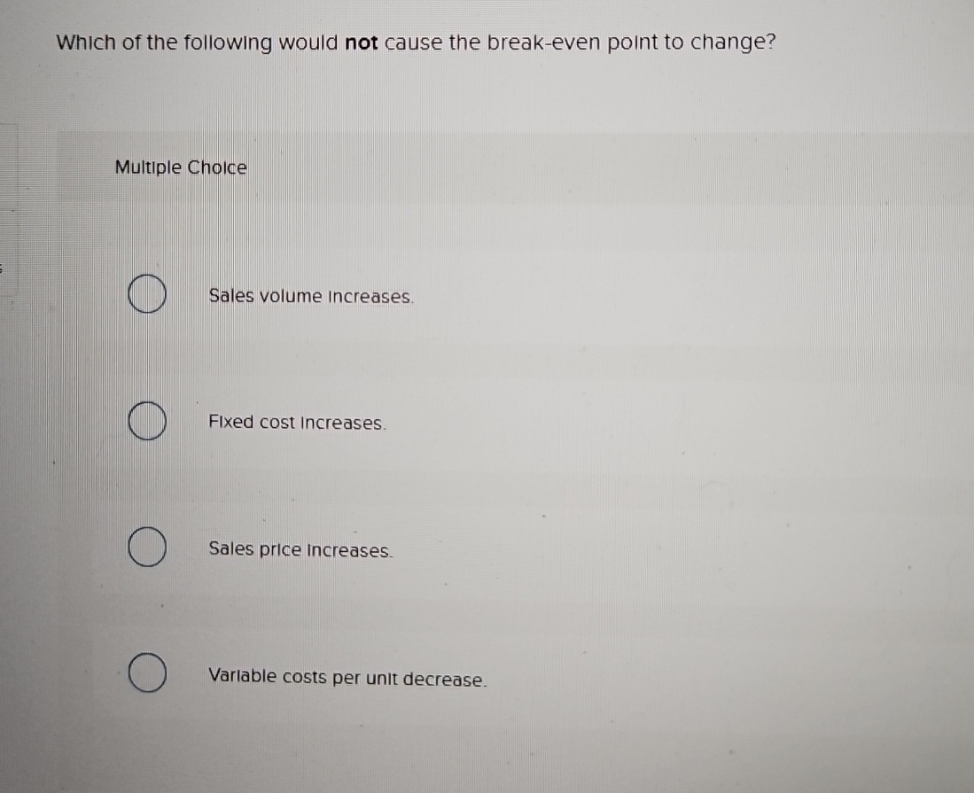 Solved Which of the following would not cause the break-even | Chegg.com