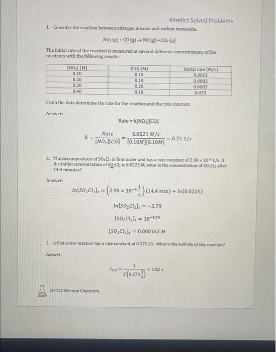 Solved Kinetics Solved Problems 1. Consider the reaction | Chegg.com