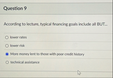 Solved Question 9According to lecture, typical financing | Chegg.com