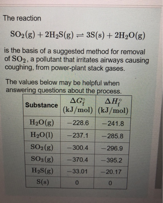 Solved The reaction SO2(g) + 2H2S(g) = 3S(s) + 2H2O(g) is | Chegg.com