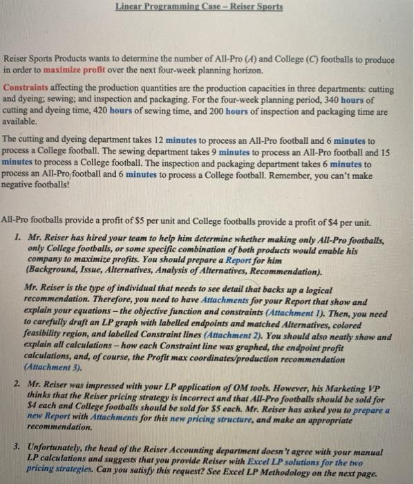 Linear Programming Case - Reiser Sports Reiser Sports | Chegg.com