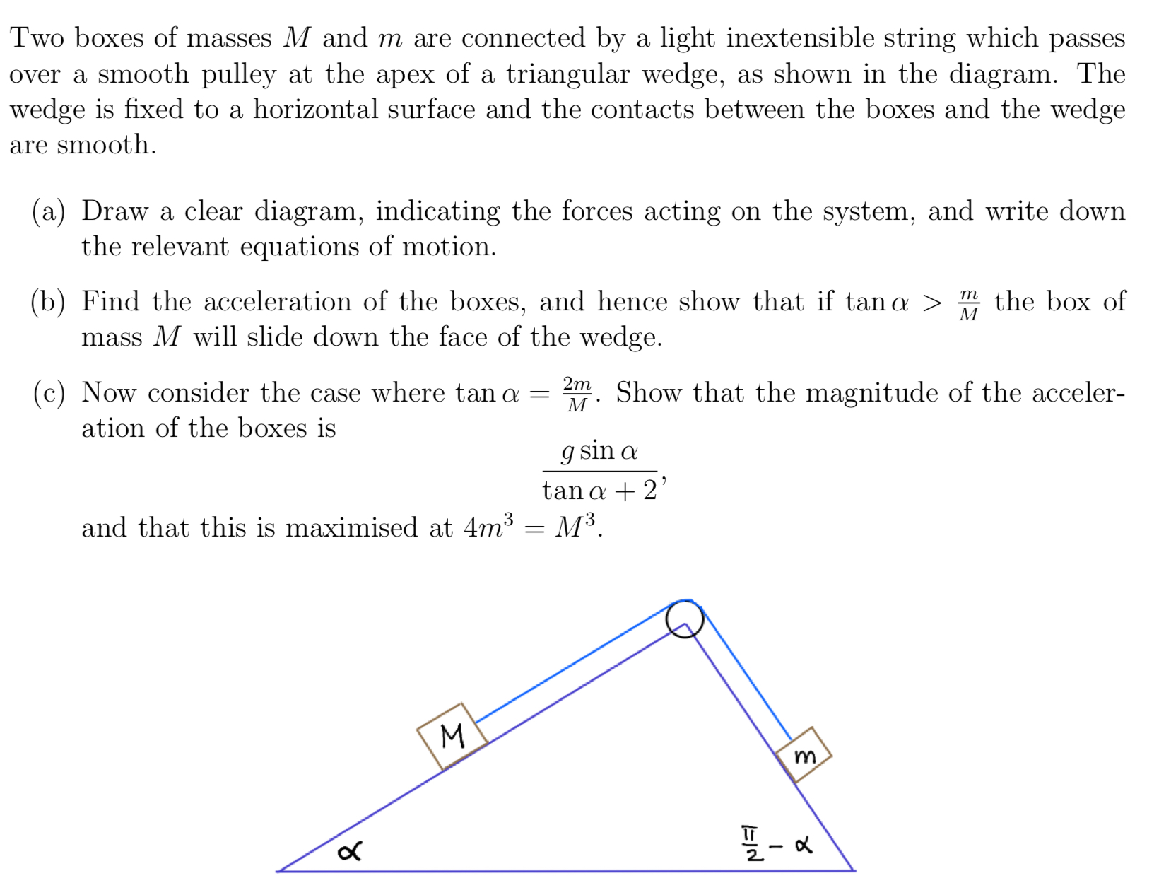 Two boxes of masses M ﻿and m ﻿are connected by a | Chegg.com