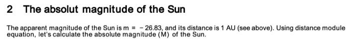 Solved 2 The absolut magnitude of the Sun The apparent | Chegg.com