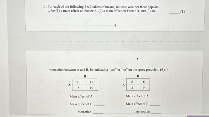 Solved 11. For each of the following 2 x 2 tables of means, | Chegg.com