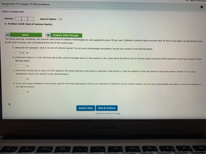 Solved on this cou Assignment 10: Chapter 10 EOC problems