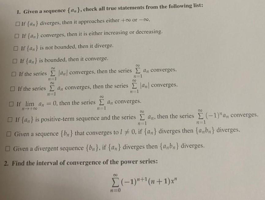 Solved 1. Given a sequence {an}, check all true statements | Chegg.com