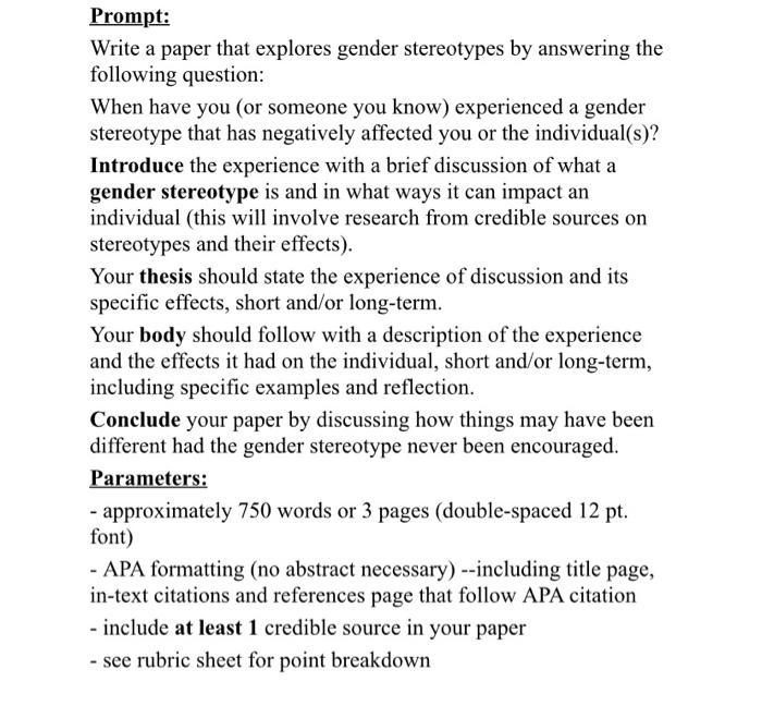 Solved Prompt: Write a paper that explores gender | Chegg.com