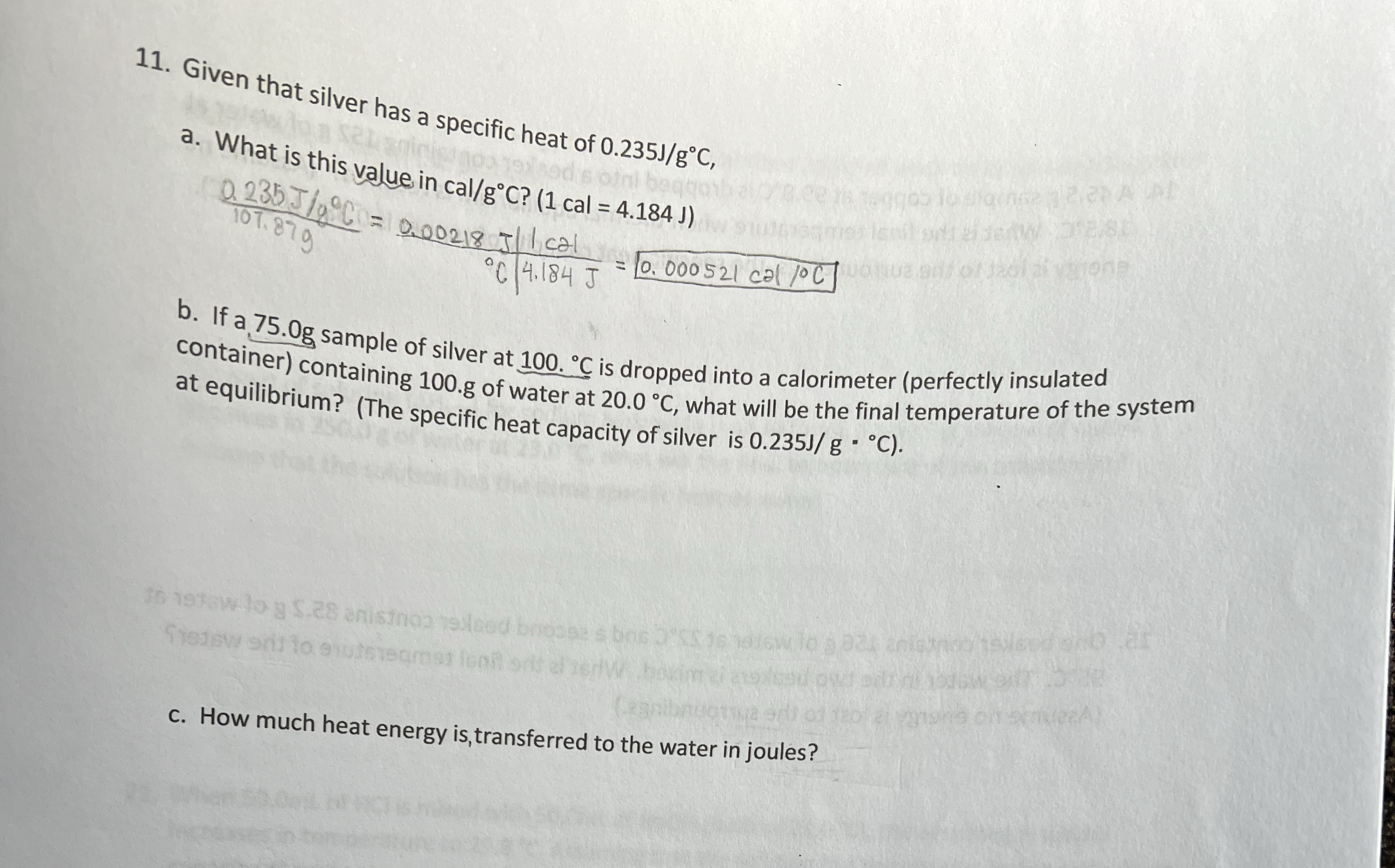 Solved Given that silver has a specific heat of 0.235Jg°C,a. | Chegg.com
