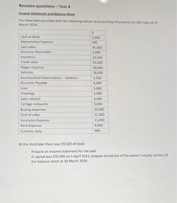 Solved Revision questions - Test 4 Income Statement and | Chegg.com